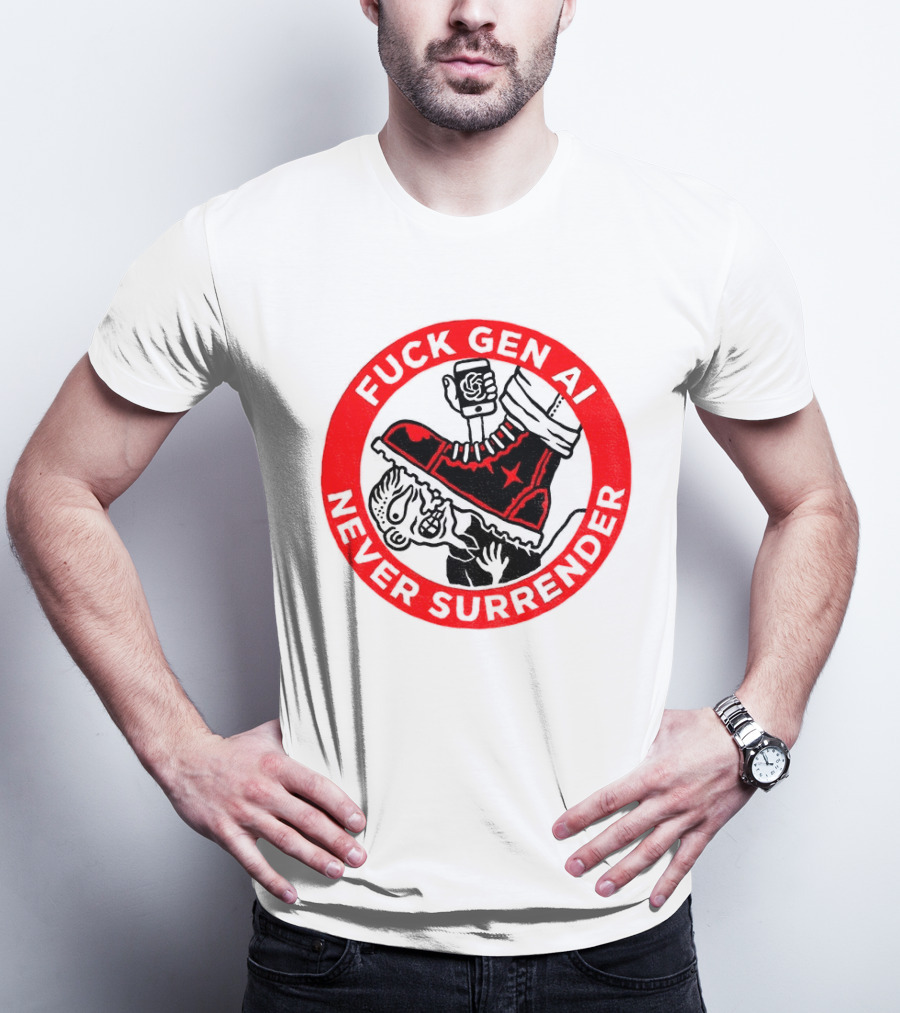 Fuck Gen AI Never Surrender Boot And Fist Circle T-Shirt