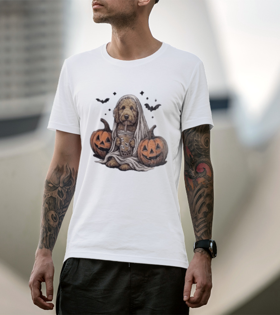 Goldendoodle Ghost With Boba Halloween Jack O'Lanterns And Bats T-Shirt
