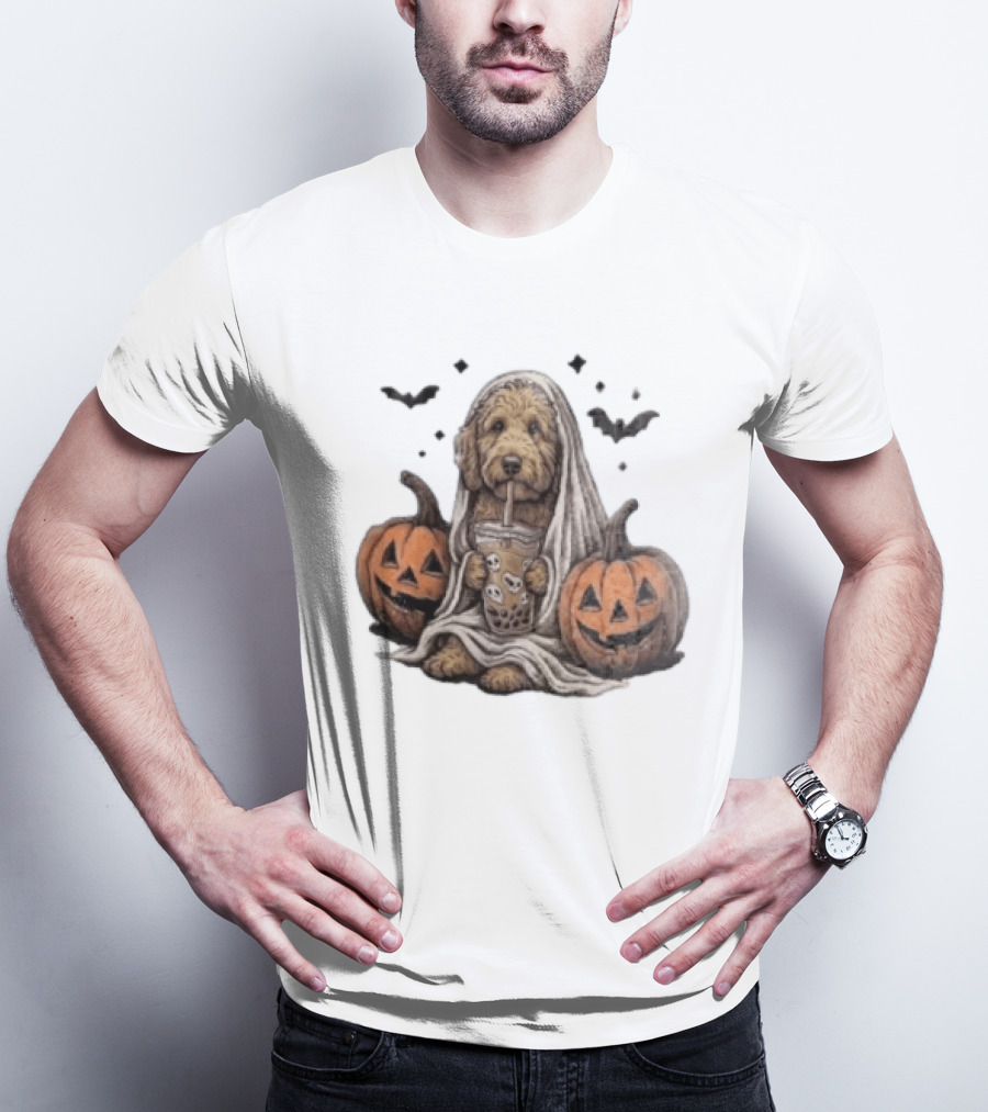 Goldendoodle Ghost With Boba Halloween Jack O'Lanterns And Bats T-Shirt