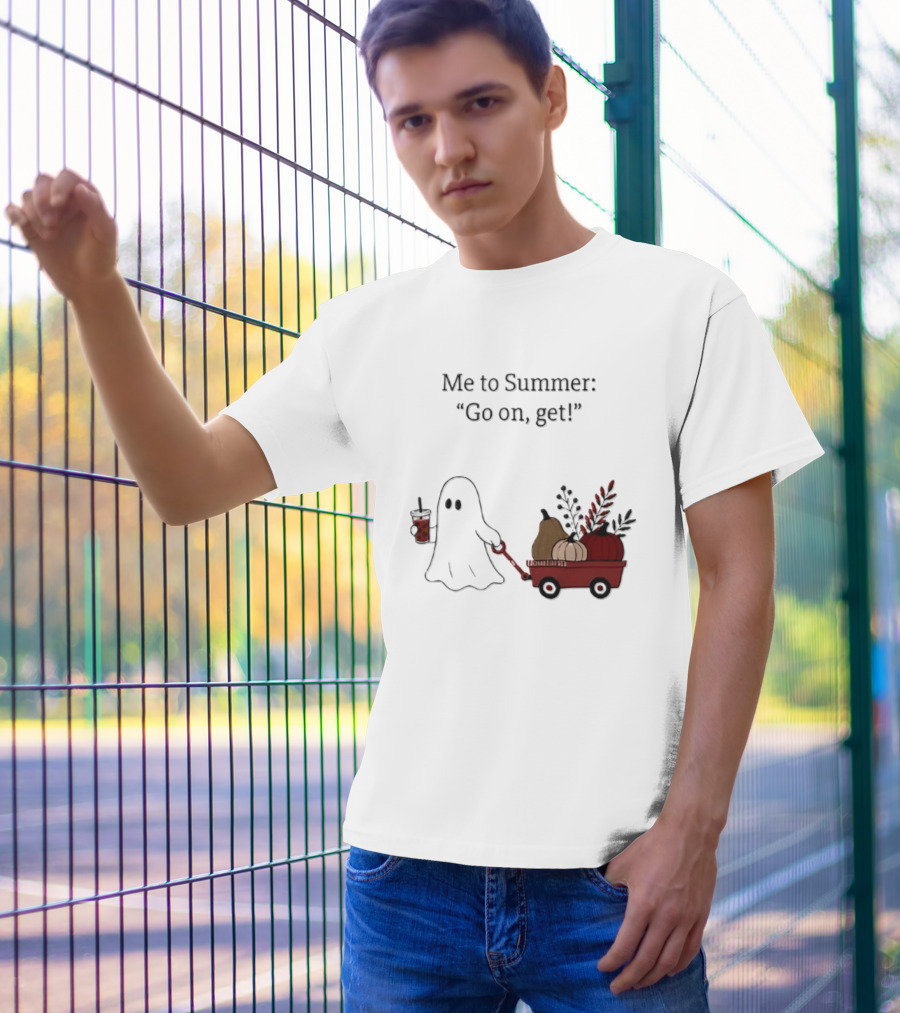 Me To Summer Go On Get Ghost With Pumpkin And Fall Leaves Wagon T-Shirt