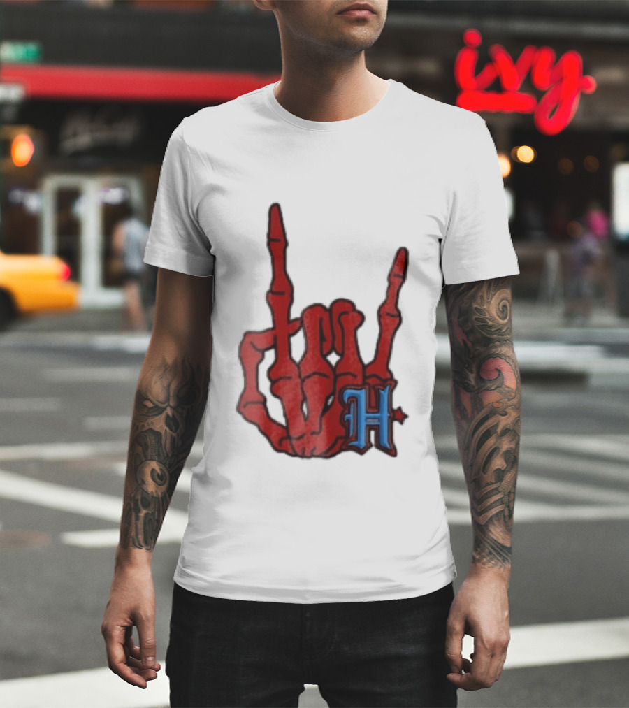 Red Skeleton Hand Sign With Blue H T-Shirt