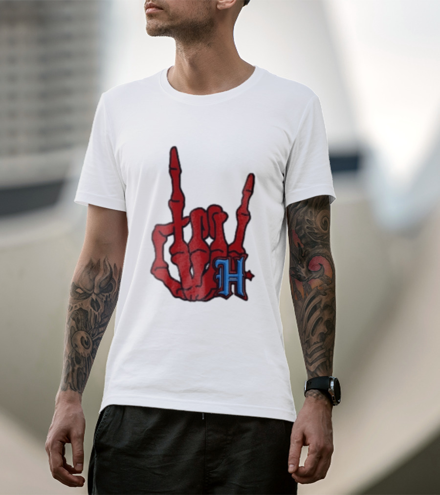 Red Skeleton Hand Sign With Blue H T-Shirt