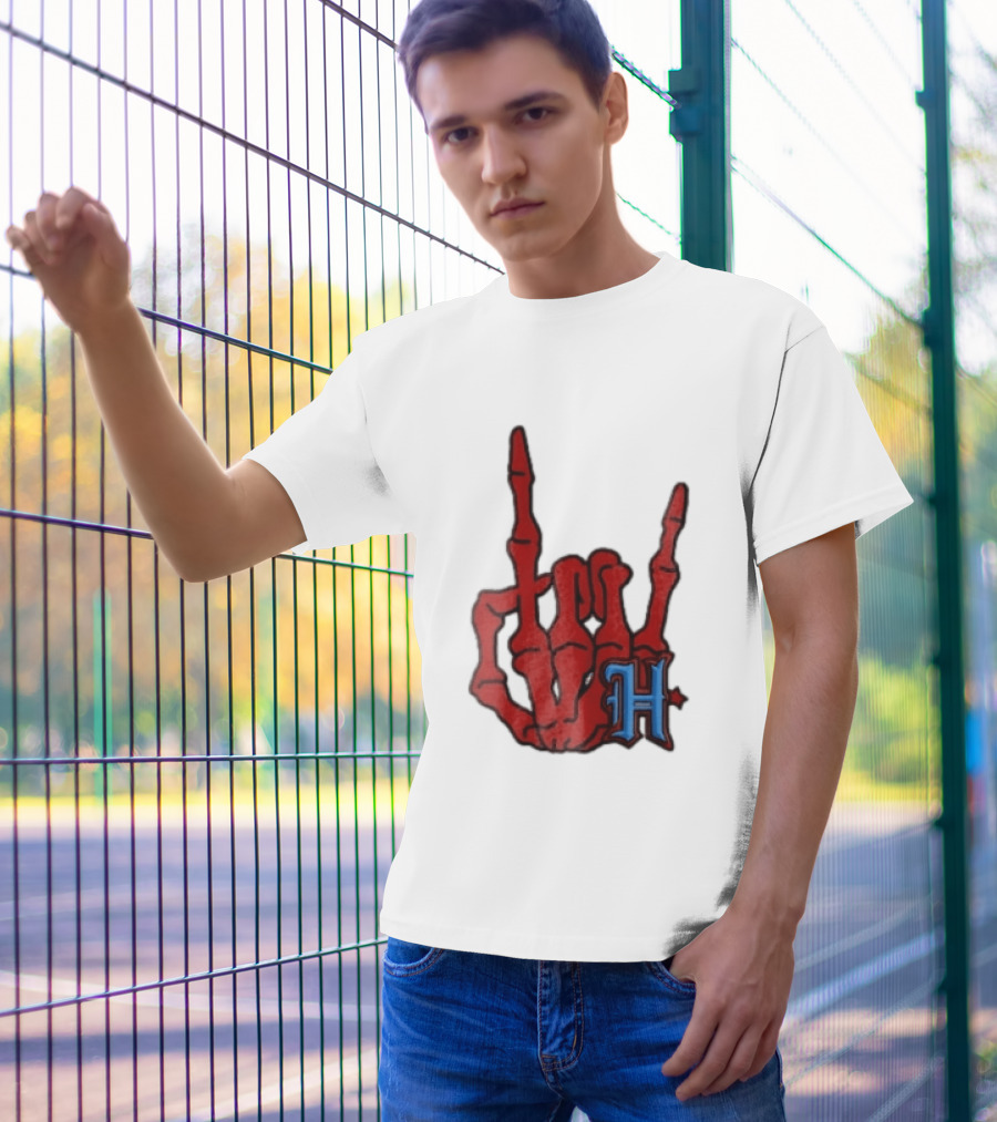 Red Skeleton Hand Sign With Blue H T-Shirt