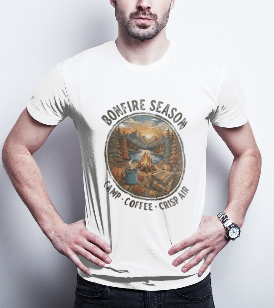 Bonfire Season Camp Coffee Crisp Air Scenic Autumn Mountains And Campfire T-Shirt