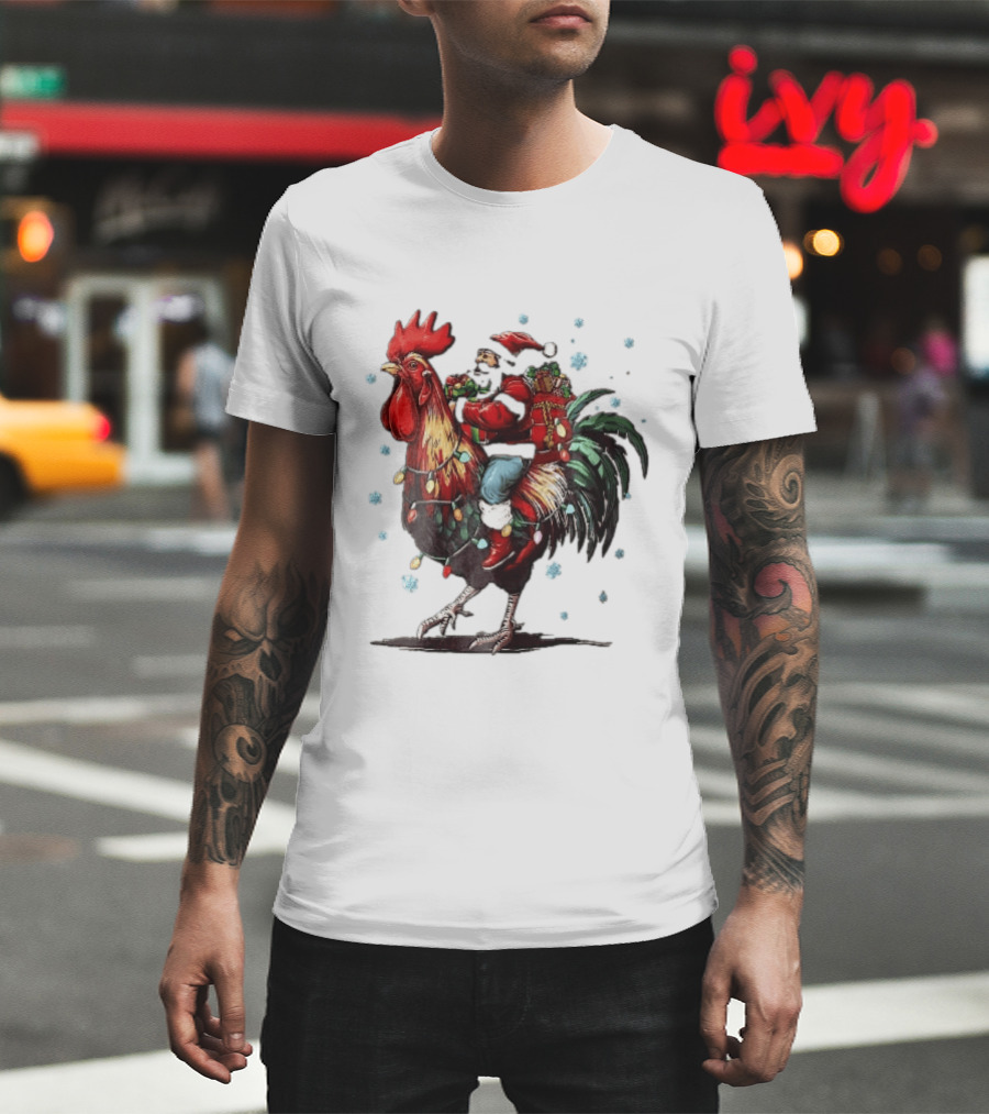 Caricature Santa Riding Rooster With Christmas Presents And Snowflakes T-Shirt