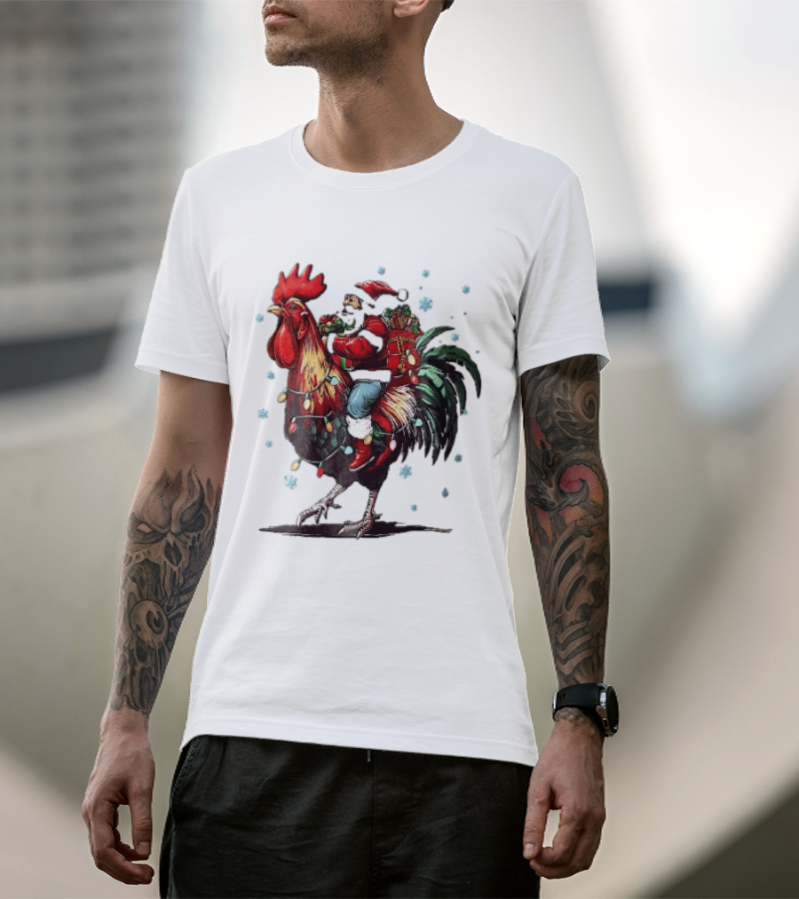 Caricature Santa Riding Rooster With Christmas Presents And Snowflakes T-Shirt