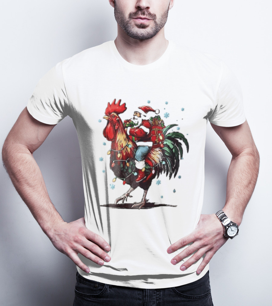 Caricature Santa Riding Rooster With Christmas Presents And Snowflakes T-Shirt