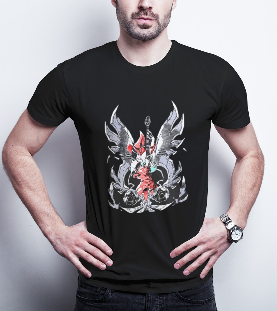 Anime Girl With Wings Holding Guitar Angelic Rock Star Fantasy T-Shirt