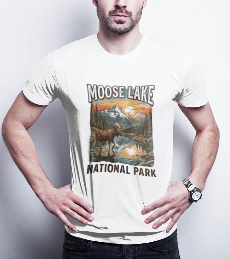 Moose Lake National Park Moose In Water Scenic Mountain Landscape T-Shirt