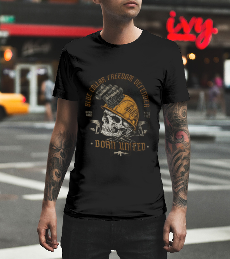 Blue Collar Freedom Defender Born United Stay Free Skull Helmet T-Shirt