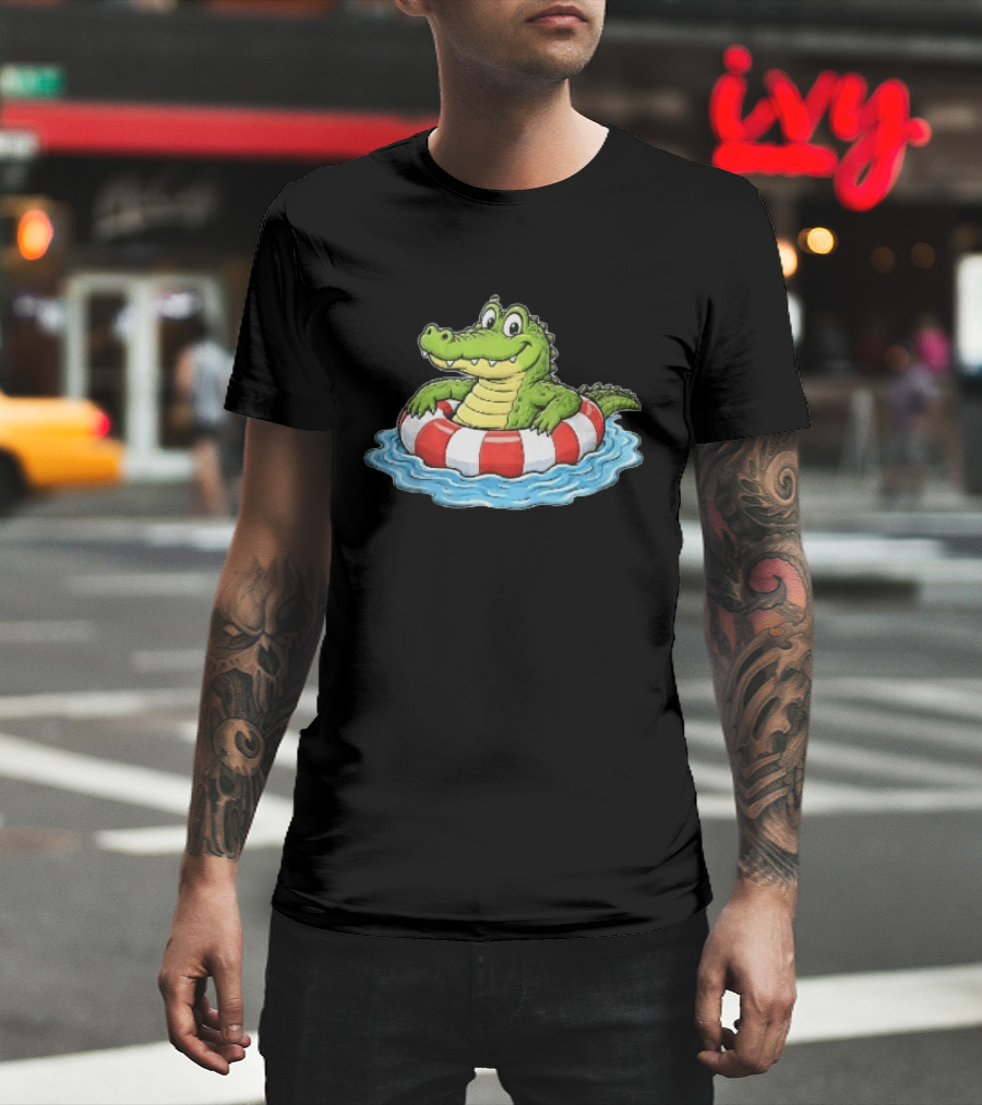 Cartoon Crocodile Relaxing In Red And White Life Buoy On Water T-Shirt