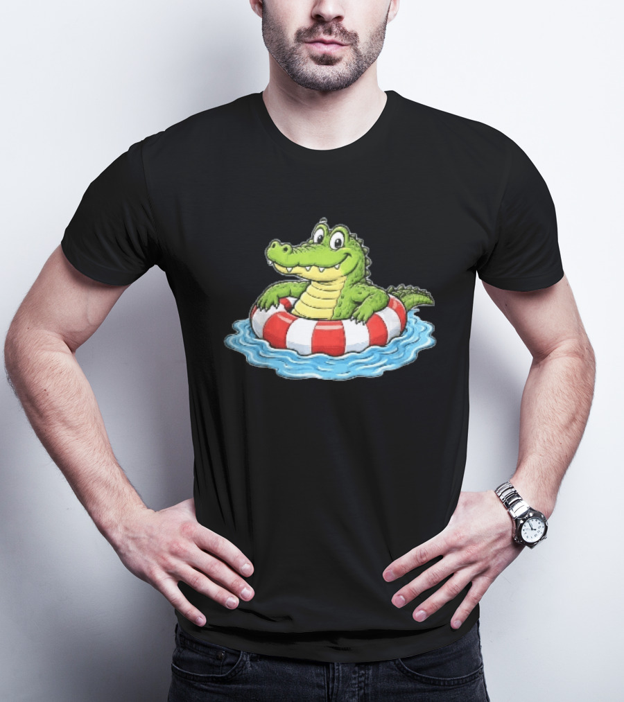 Cartoon Crocodile Relaxing In Red And White Life Buoy On Water T-Shirt