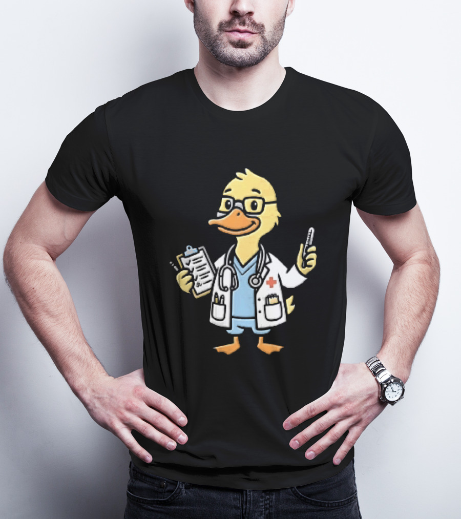 Cartoon Yellow Duck Doctor With Stethoscope Thermometer And Clipboard T-Shirt