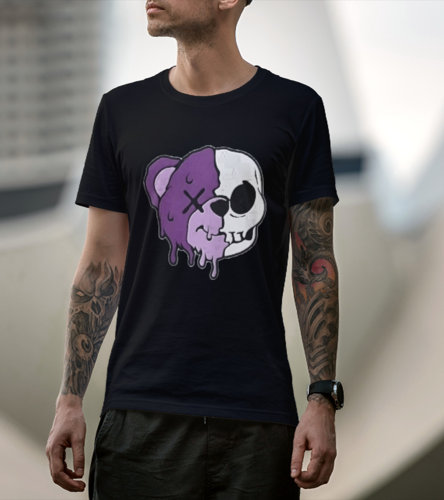Dripping Purple Teddy Bear Skull Split Face Cartoon T-Shirt