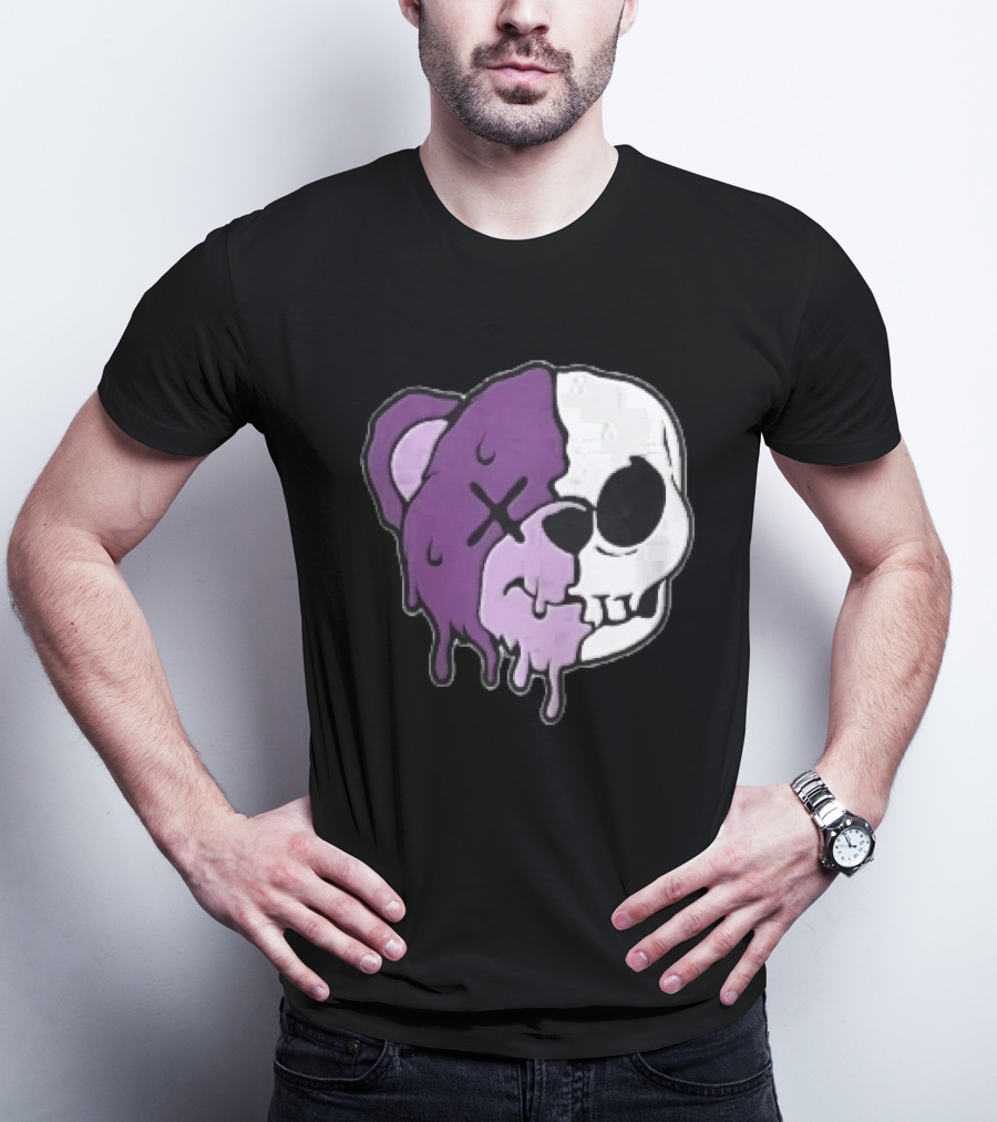 Dripping Purple Teddy Bear Skull Split Face Cartoon T-Shirt