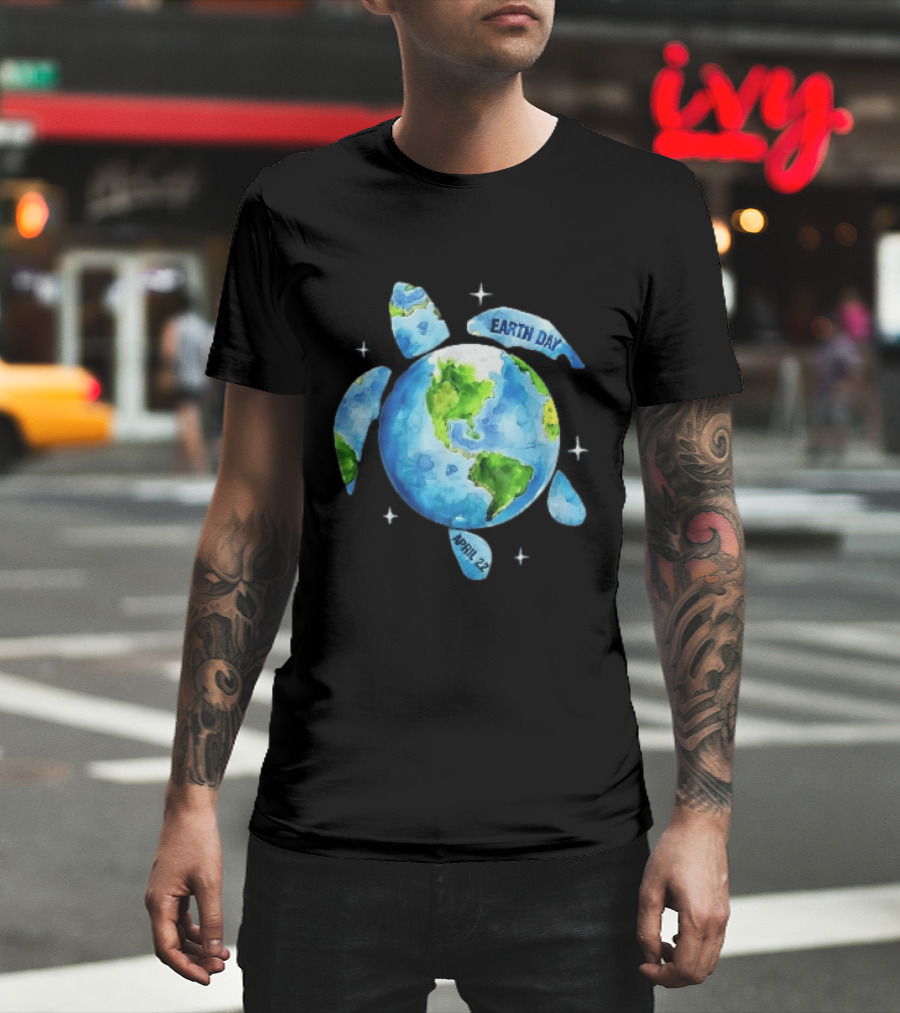 Earth Day April 22 Watercolor Globe Sea Turtle Outer Space T-Shirt