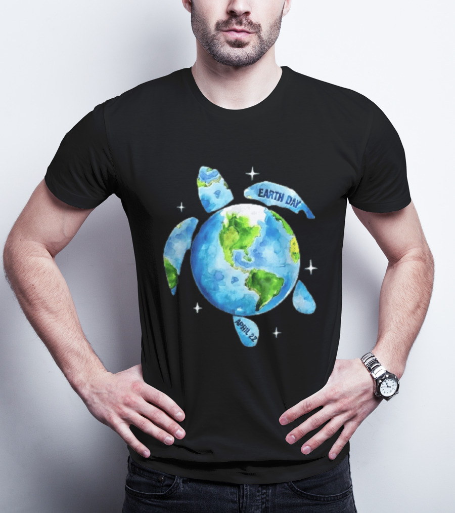 Earth Day April 22 Watercolor Globe Sea Turtle Outer Space T-Shirt