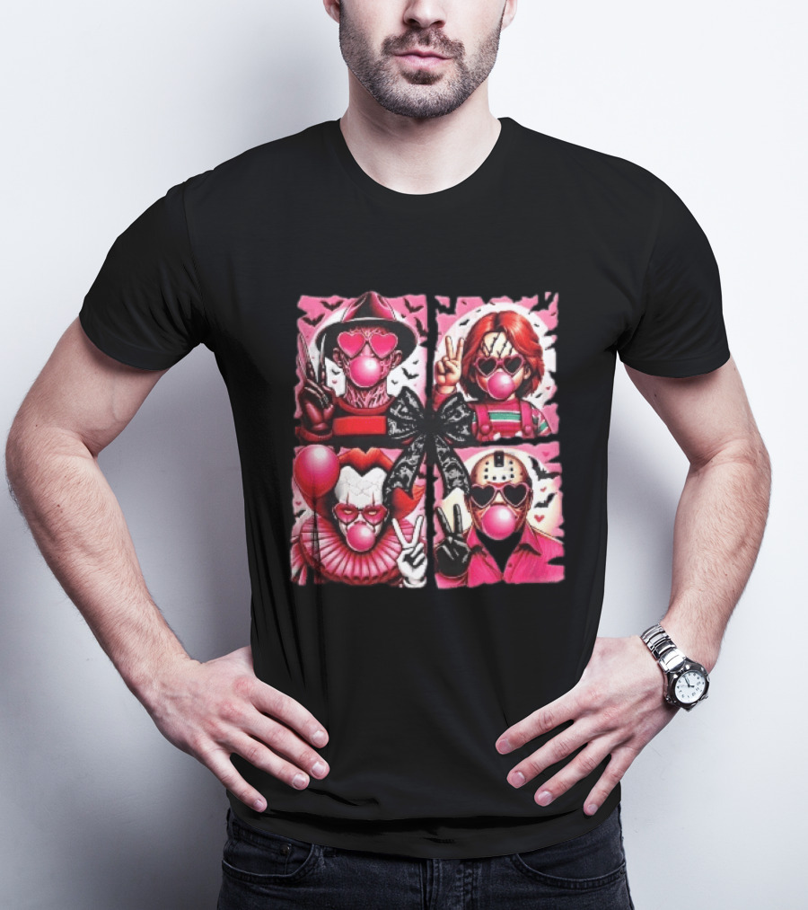 Heart Sunglasses Bubblegum Horror Villains With Peace Signs And Lace Bow T-Shirt