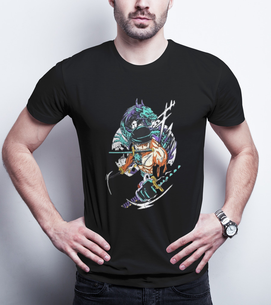 Three Sword Anime Fighter Green Dragon Warrior Distressed T-Shirt