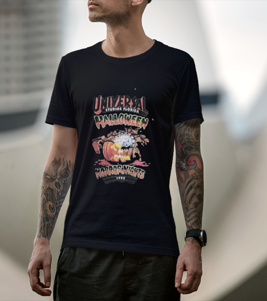 Universal Studios Florida Halloween Horror Nights 1992 Chainsaw Flaming Jack O Lantern T-Shirt