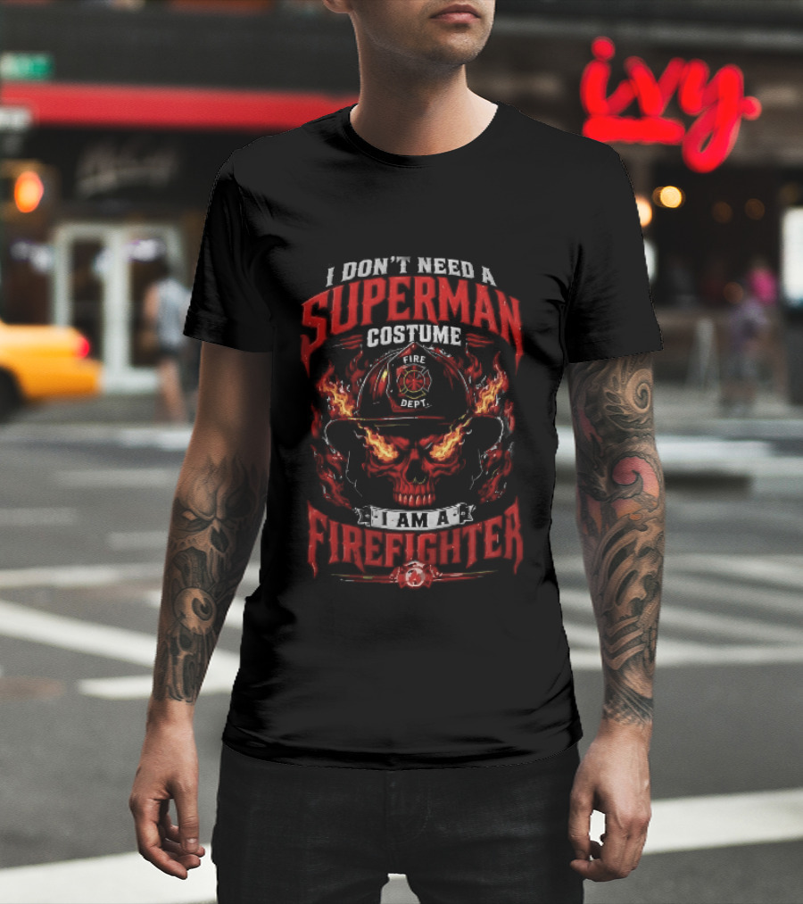 I Dont Need A Superman Costume Am Firefighter Flaming Skull Helmet Fire Dept Orange Flames T-Shirt