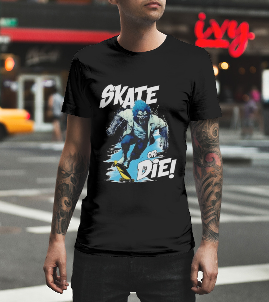 Skate Or Die Wolfy Classic Blue Werewolf Skateboarding T-Shirt