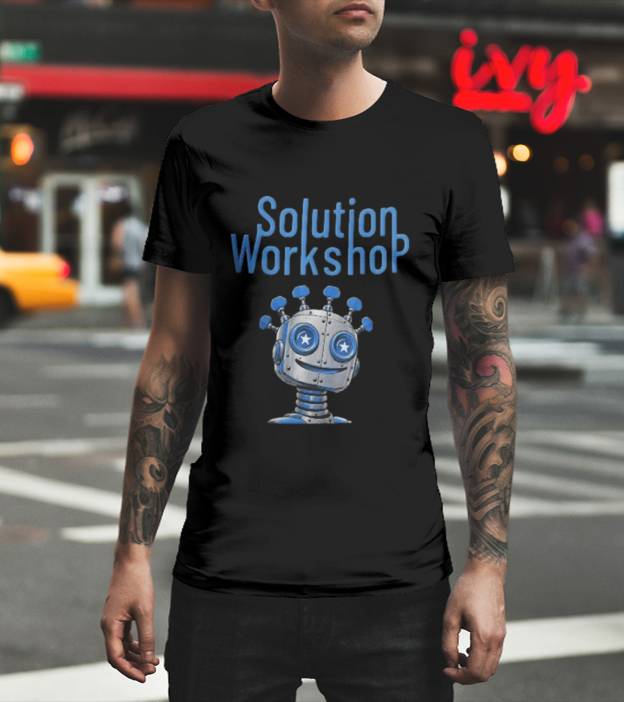 Solution Workshop Cartoon Metallic Robot Head With Star Eyes And Guitar Tuning Pegs T-Shirt