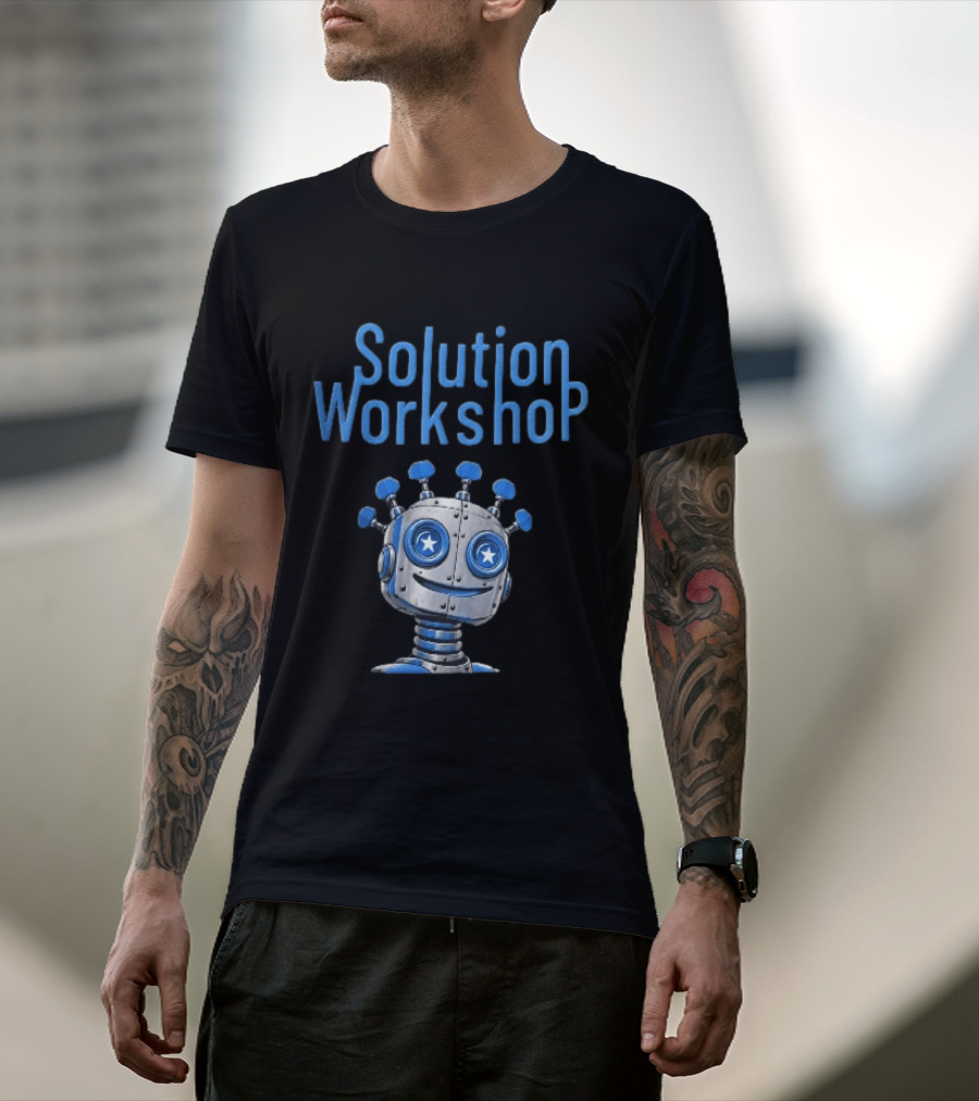 Solution Workshop Cartoon Metallic Robot Head With Star Eyes And Guitar Tuning Pegs T-Shirt