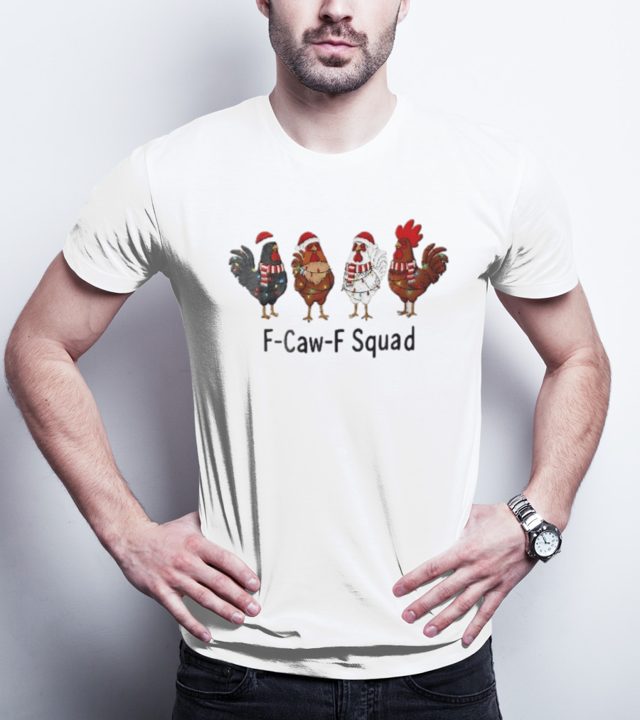 F Caw F Squad Four Chickens Santa Hats Christmas Lights Scarf Accessories T-Shirt