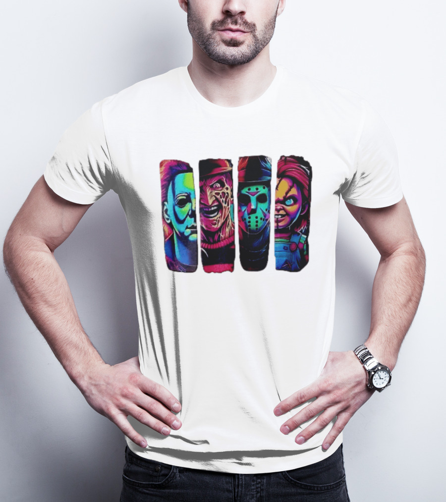 Fluorescent Horror Movie Slasher Faces Vertical Panels T-Shirt