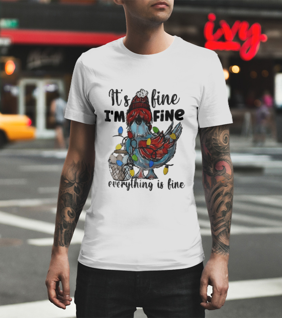 It's Fine I'm Fine Everything Is Fine Cartoon Chicken Tangled Christmas Lights T-Shirt