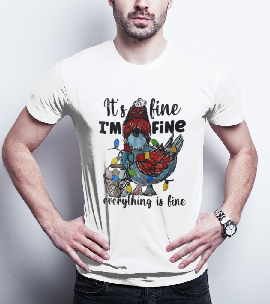 It's Fine I'm Fine Everything Is Fine Cartoon Chicken Tangled Christmas Lights T-Shirt