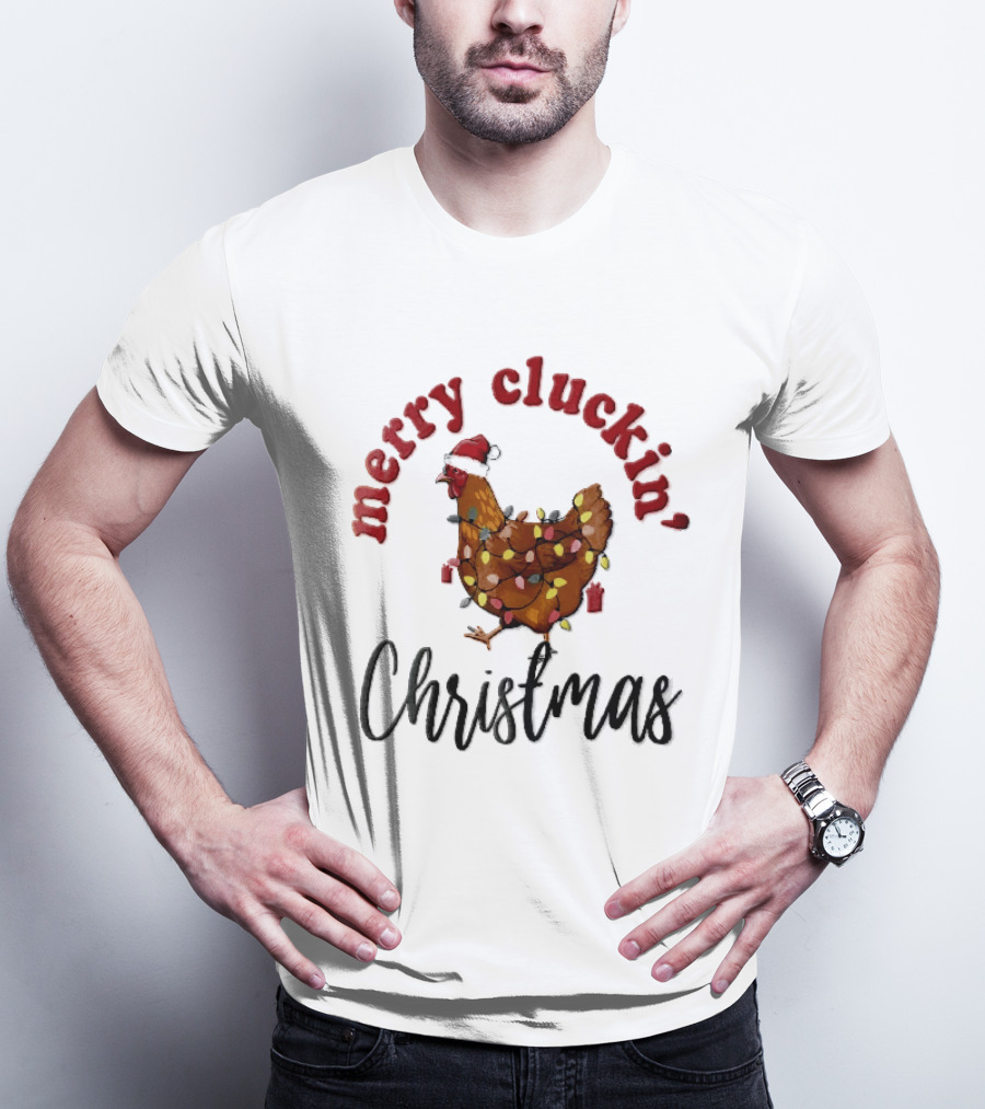 Merry Cluckin Christmas Chicken Santa Hat Colorful String Lights T-Shirt