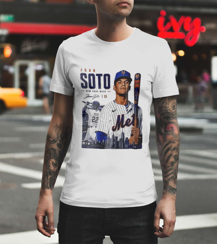 Juan Soto New York Mets MLB 22 Player Batting Skyline Collage T-Shirt
