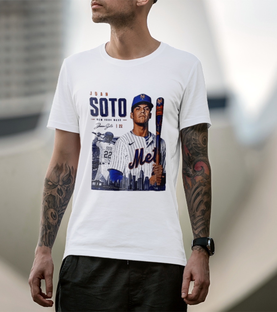 Juan Soto New York Mets MLB 22 Player Batting Skyline Collage T-Shirt