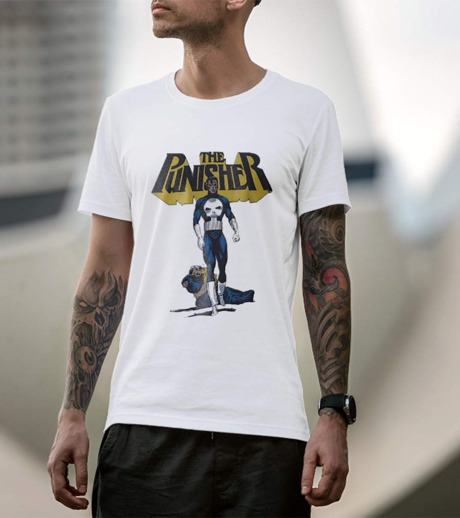 The Punisher Superhero Skull Comic Walking Scene With Defeated Man T-Shirt