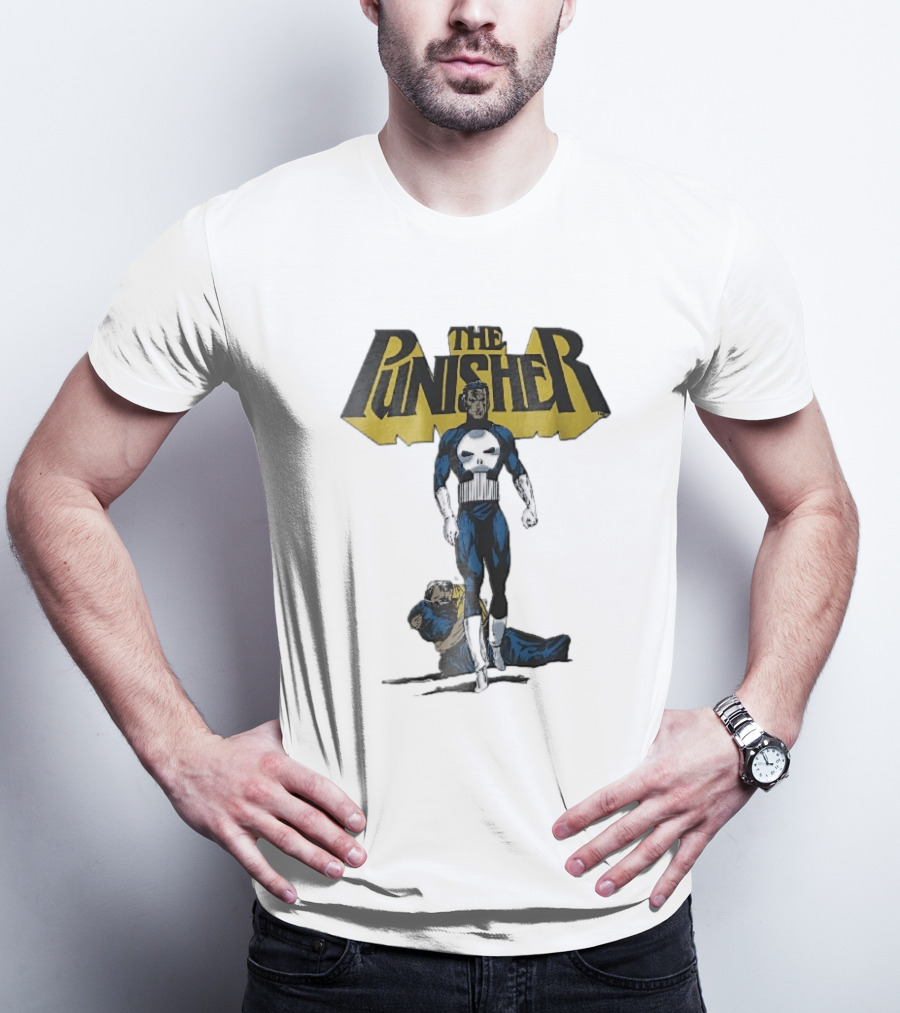 The Punisher Superhero Skull Comic Walking Scene With Defeated Man T-Shirt