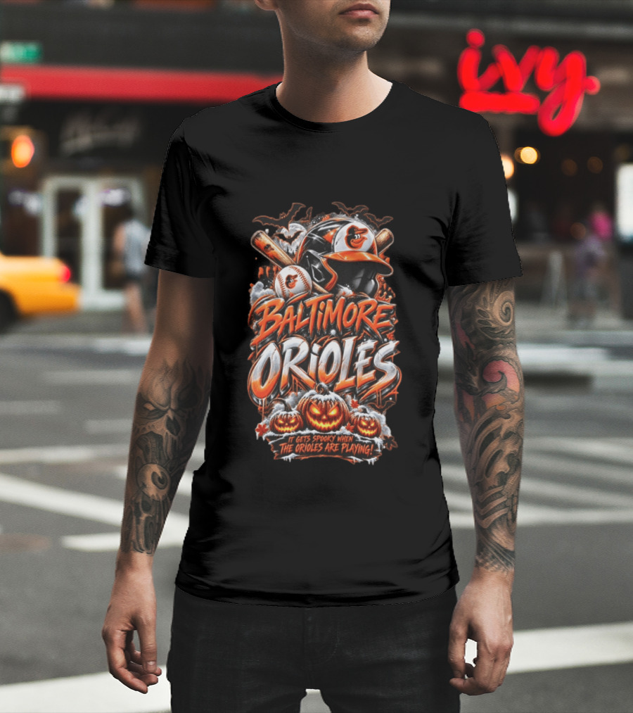 Baltimore Orioles MLB It Gets Spooky When They Are Playing Halloween Pumpkins Baseball T-Shirt