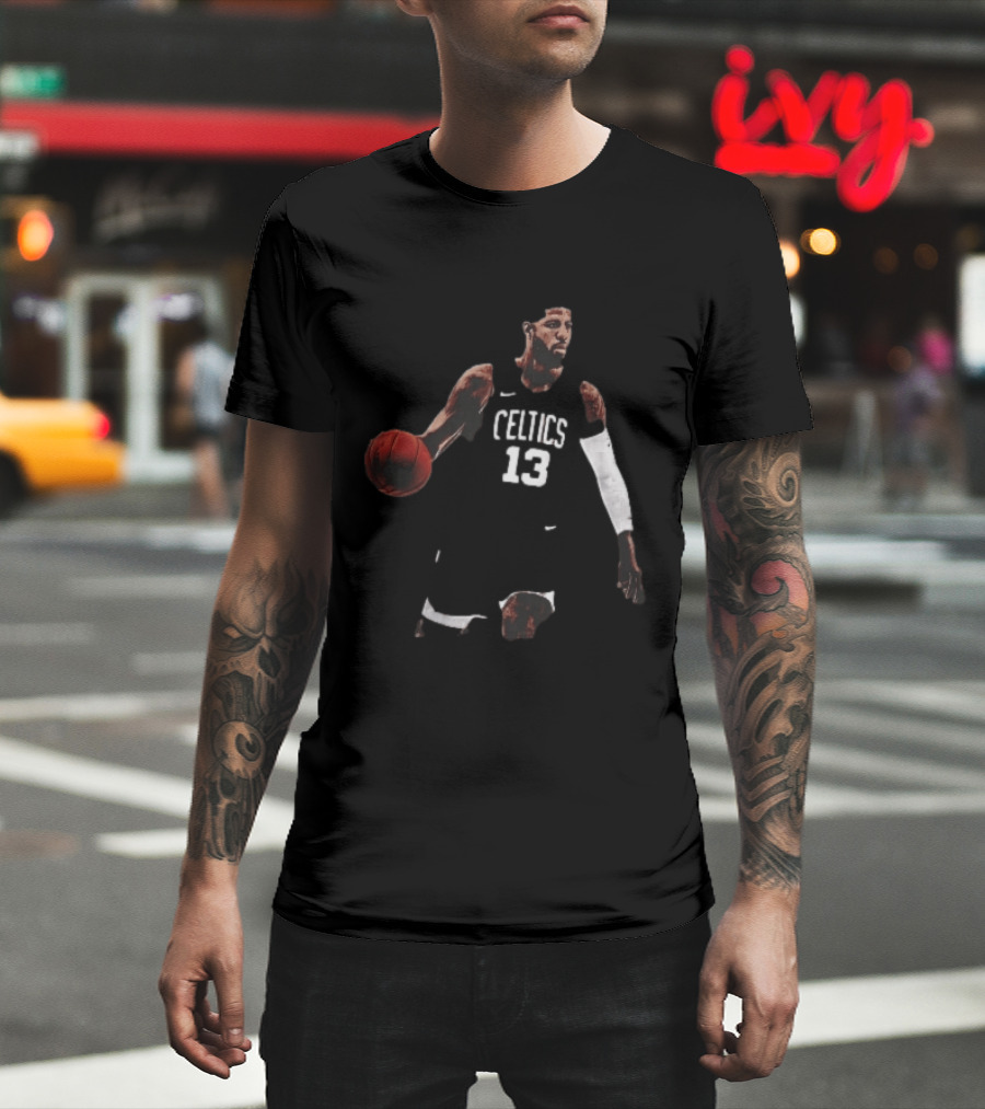 Boston Celtics 13 Bearded Basketball Player Dribbling Dark T-Shirt