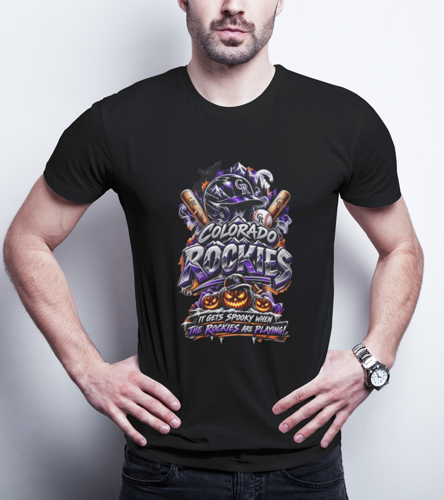 Colorado Rockies Spooky Halloween Baseball Theme With Bats And Pumpkin T-Shirt