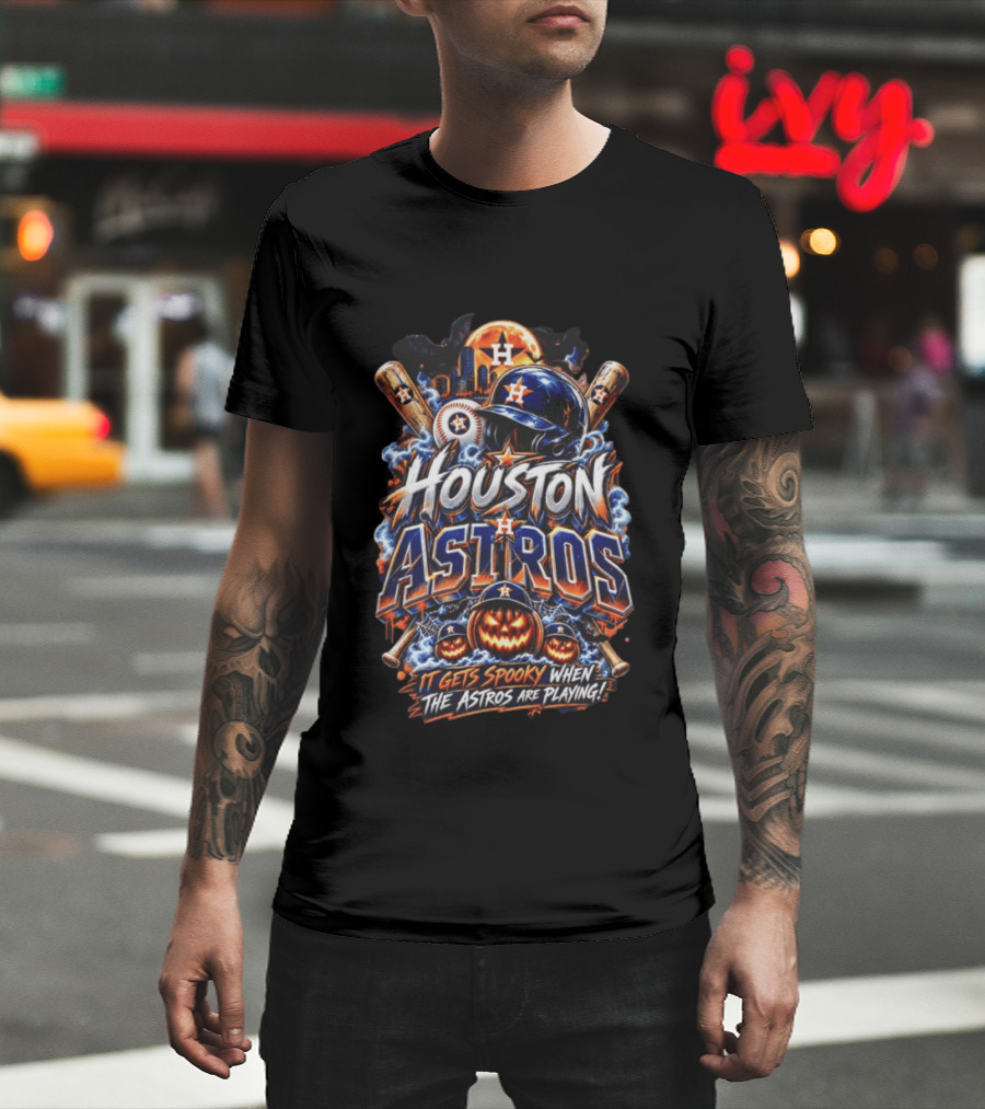 Houston Astros Halloween Spooky Theme With Pumpkins And Bats T-Shirt