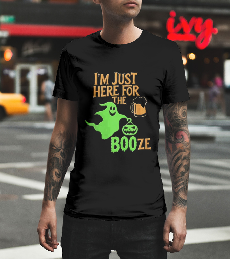 I'm Just Here For The Booze Green Ghost Pumpkin Lantern Beer T-Shirt