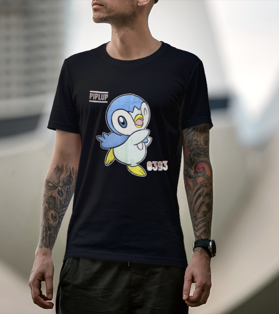 Piplup 0393 Cartoon Penguin Waving Paper Crease Sticker Yellow Feet T-Shirt