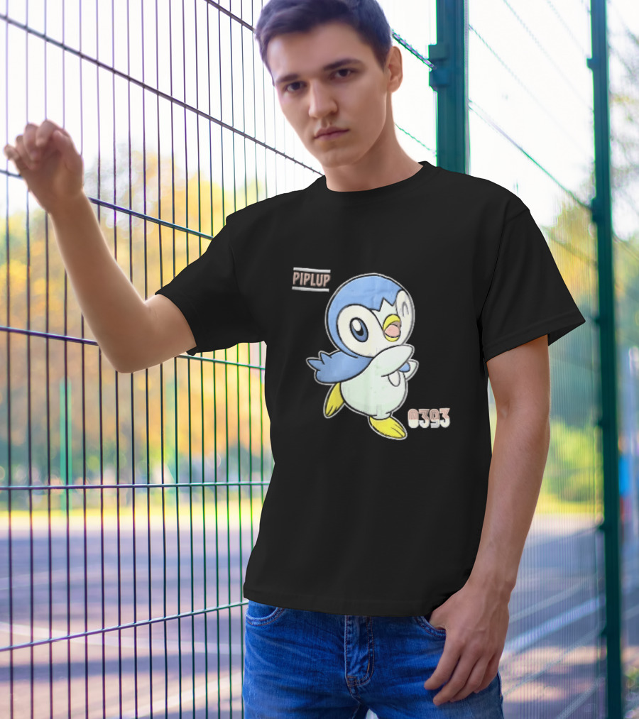 Piplup 0393 Cartoon Penguin Waving Paper Crease Sticker Yellow Feet T-Shirt