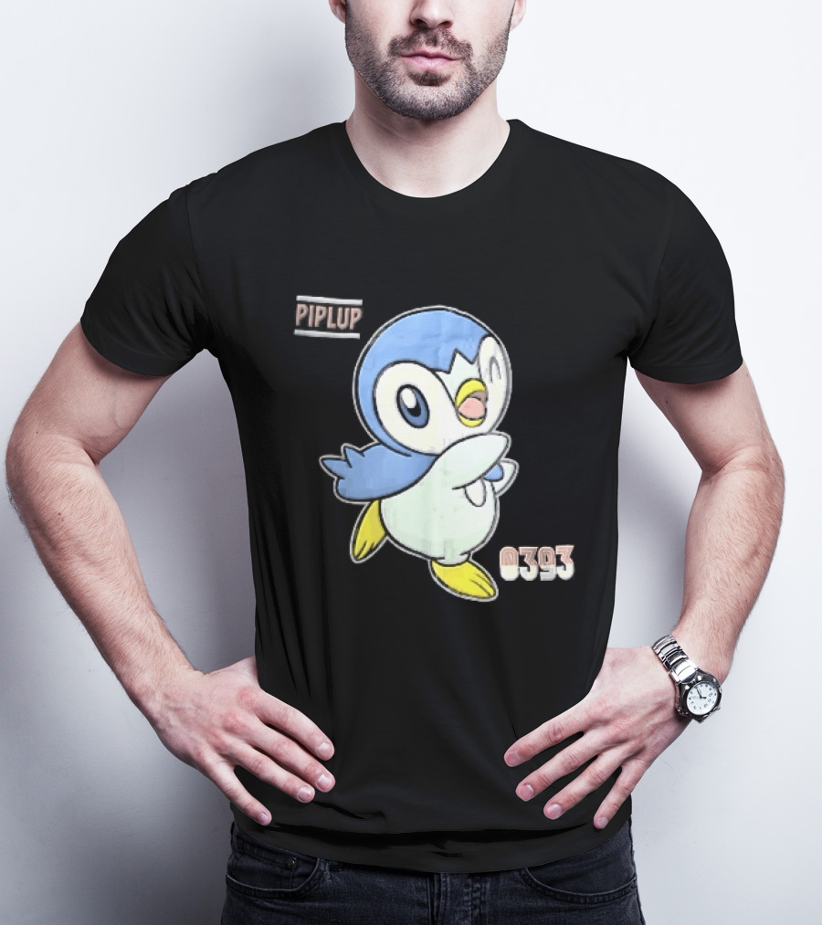 Piplup 0393 Cartoon Penguin Waving Paper Crease Sticker Yellow Feet T-Shirt