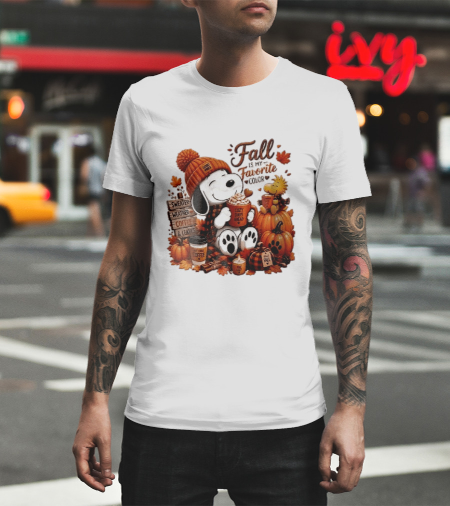 Fall Is My Favorite Color Sweater Weather Coffee Leaves Cozy Days Cartoon Dog Bird Pumpkins T-Shirt