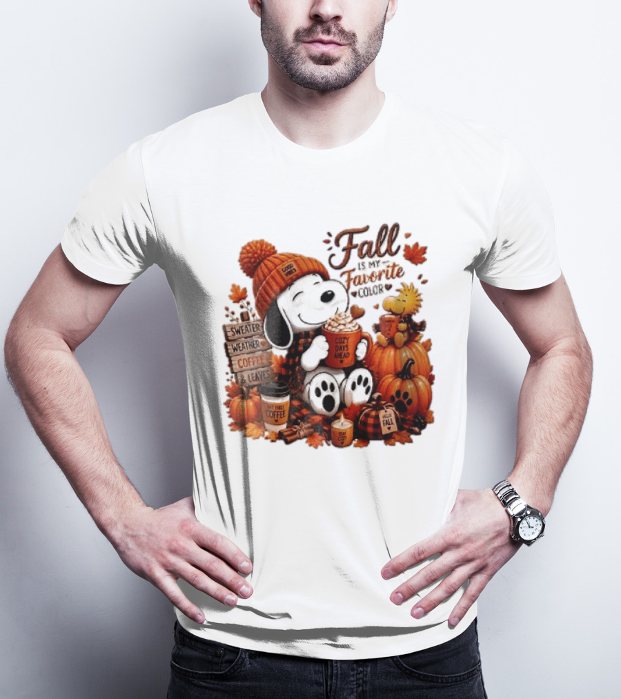 Fall Is My Favorite Color Sweater Weather Coffee Leaves Cozy Days Cartoon Dog Bird Pumpkins T-Shirt