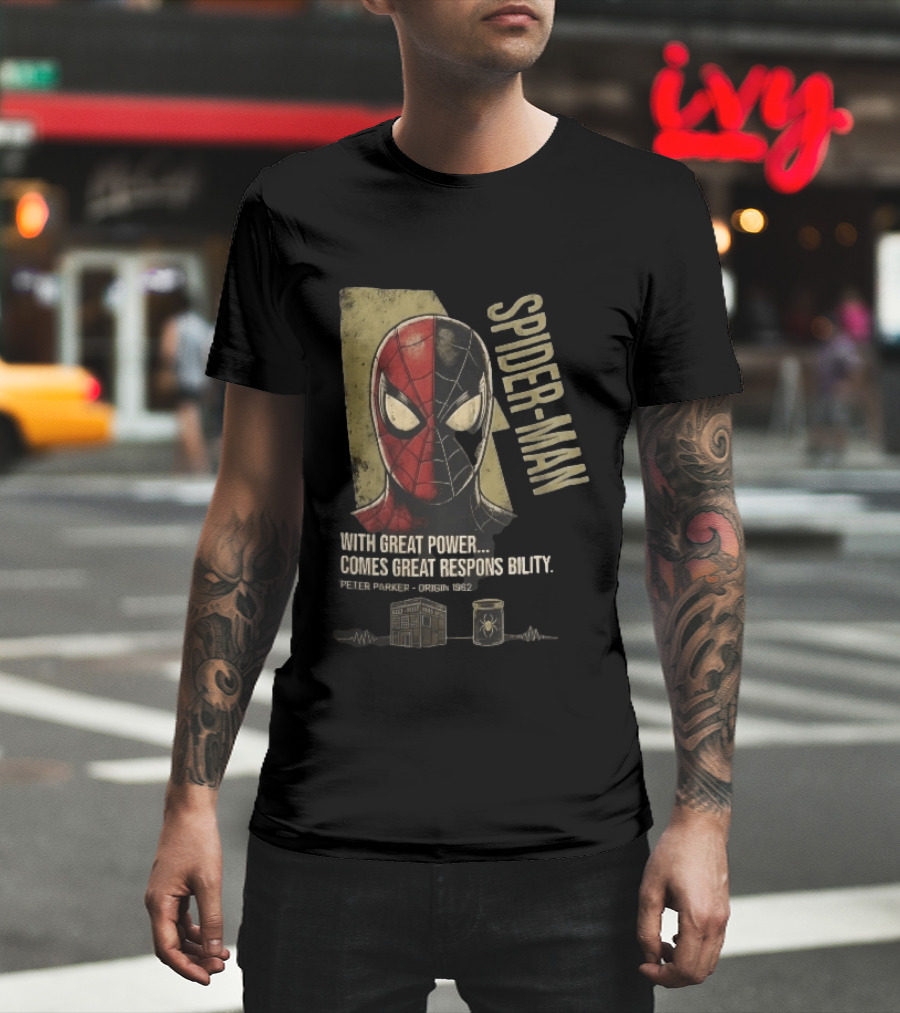 Spider Man With Great Power Comes Great Responsibility Peter Parker Origin 1962 Split Mask T-Shirt