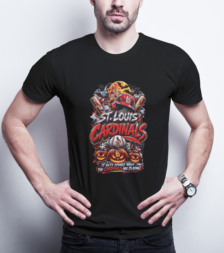 St. Louis Cardinals Halloween Spooky Baseball Theme With Pumpkins And Bats T-Shirt