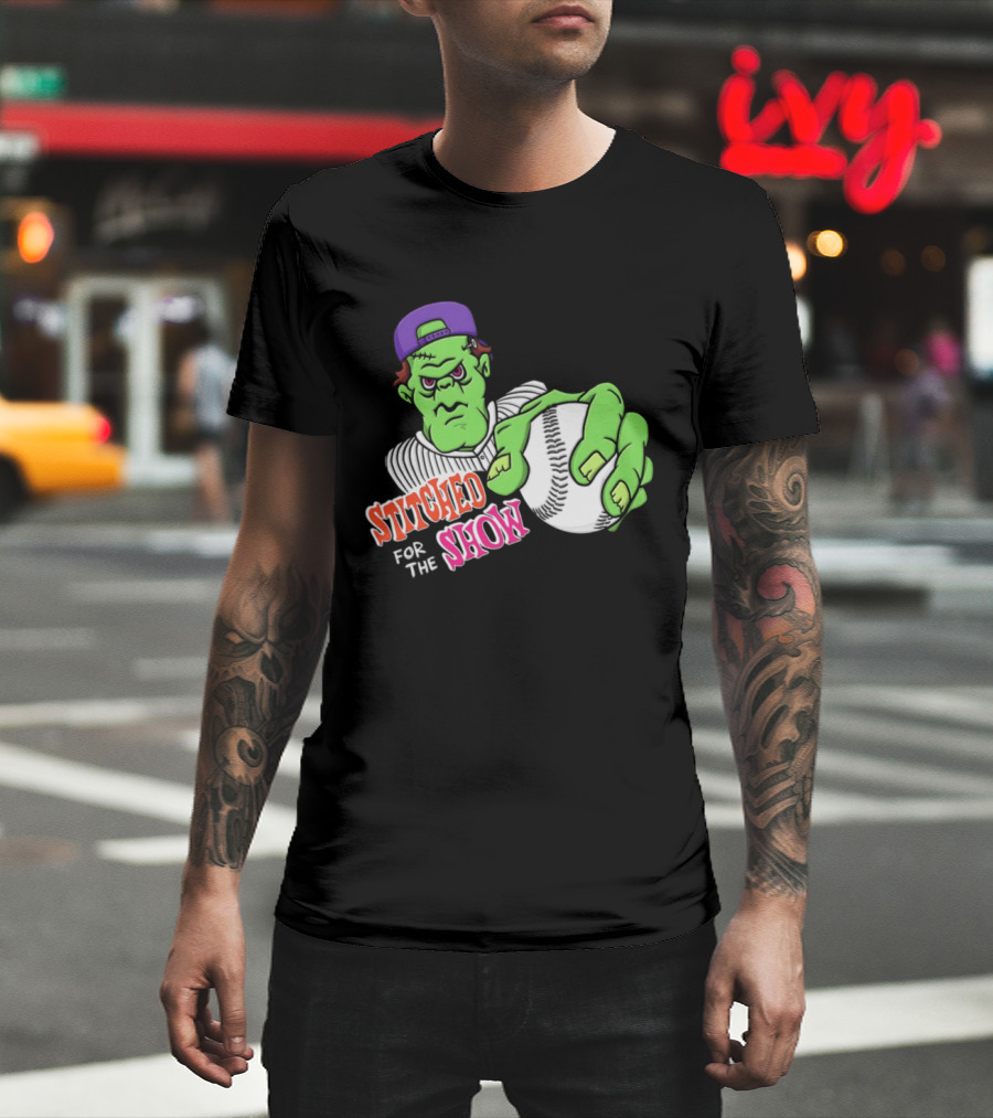 Stitched For The Show Baseball Monster Pitcher Cartoon T-Shirt